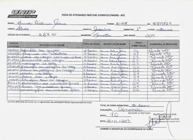 Info Letras: Ficha de Atividades Práticas Supervisionadas - APS