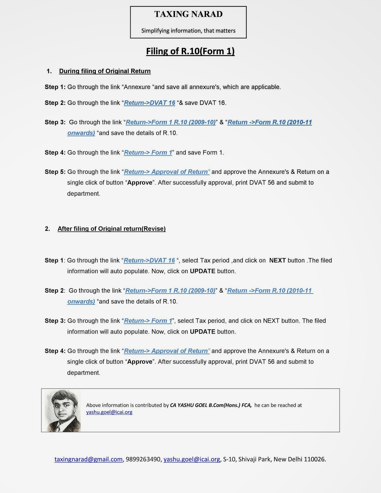 PROCEDURE FOR FILING R10 IN FORM 1