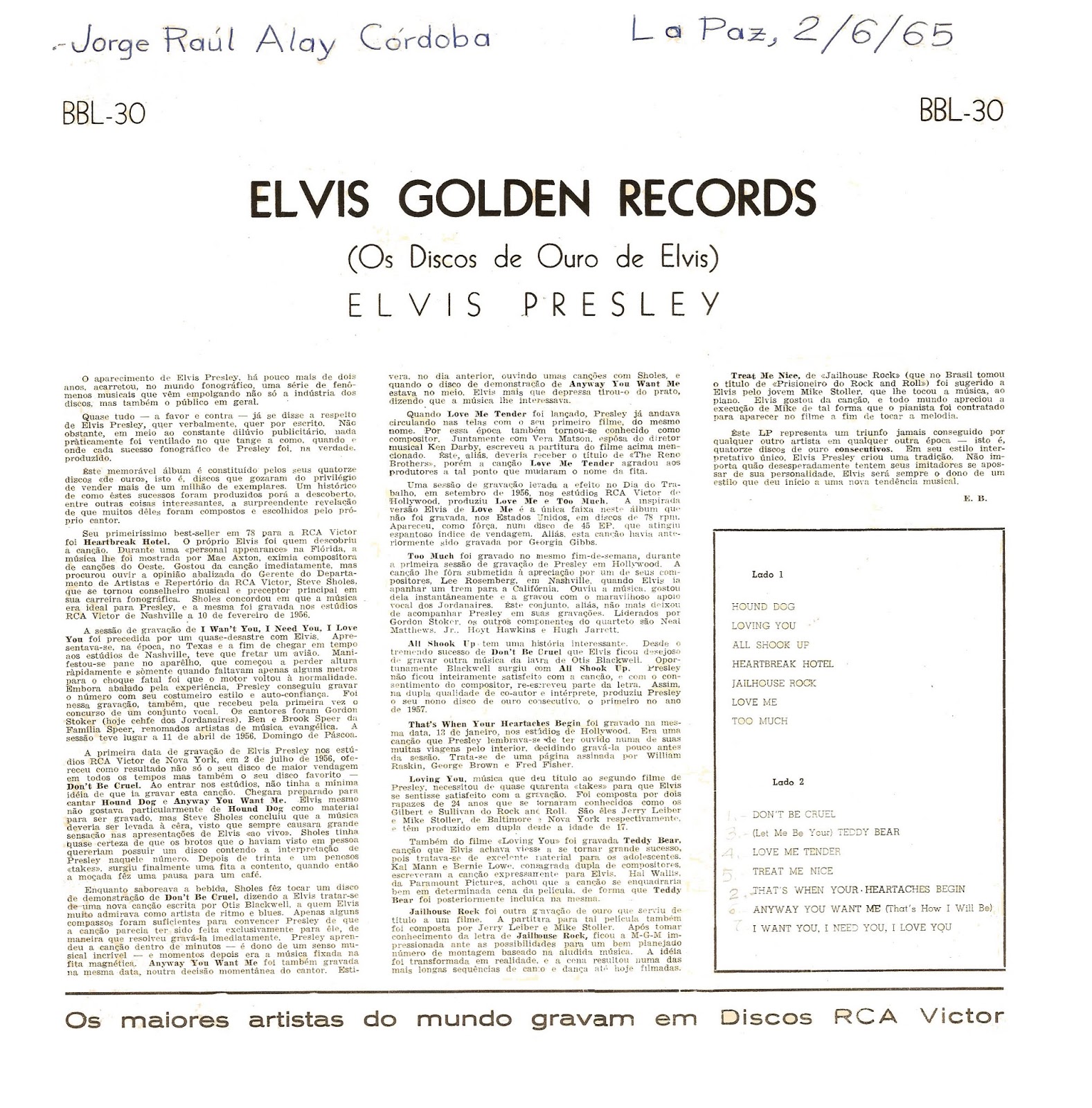MUSICOTECA ALAY: ELVIS PRESLEY - ELVIS' GOLDEN RECORDS VOL.1 (1958) LP