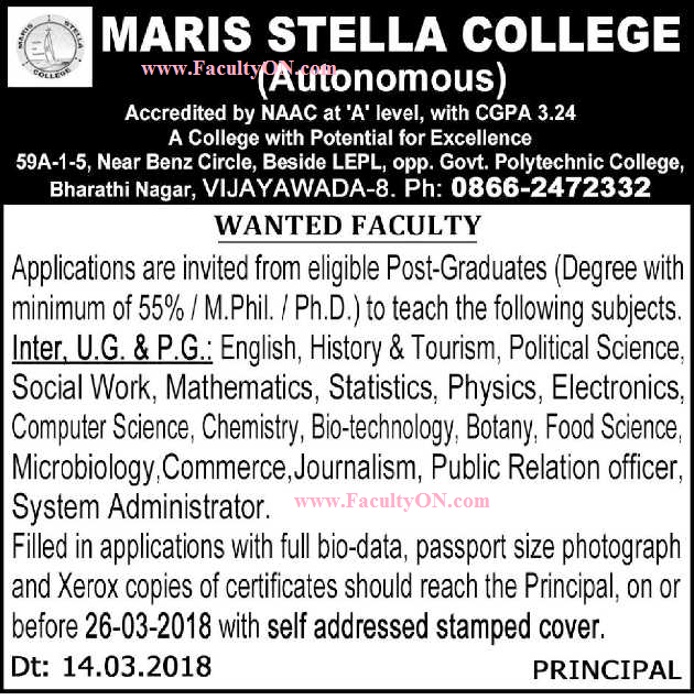 Maris Stella College, Vijayawada, Wanted Teaching Faculty Plus Non-Faculty - Faculty Teachers