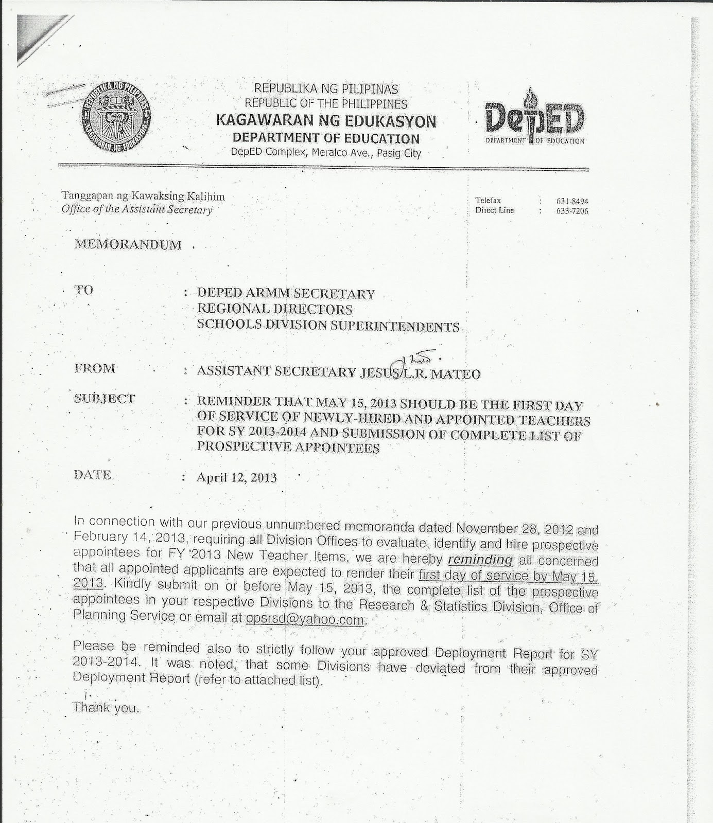 Department of Education Manila: First Day of Service of Newly Hired and ...