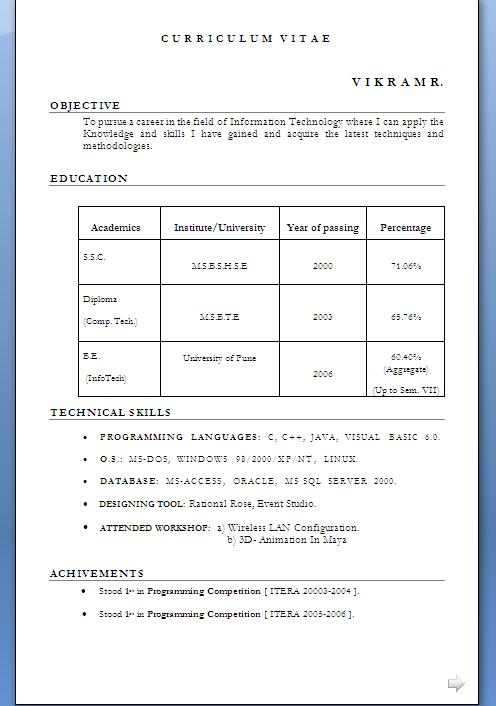 standard curriculum vitae format