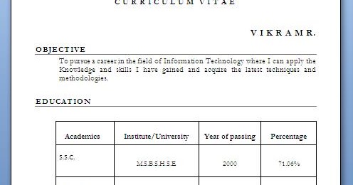 standard curriculum vitae format