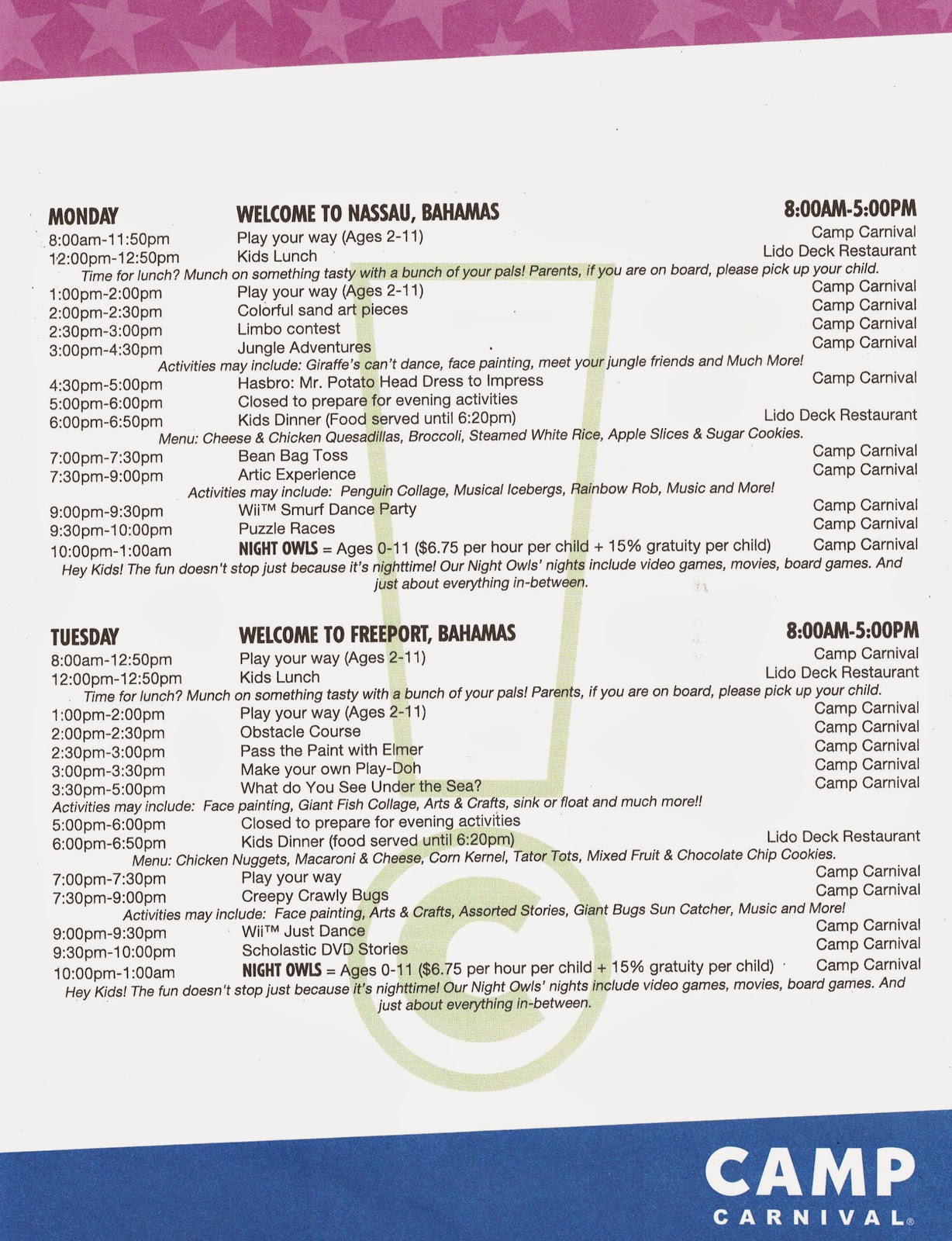 Carnival Cruise Lines Camp Carnival Schedules for ages 2-5, 6-8, and 9 ...