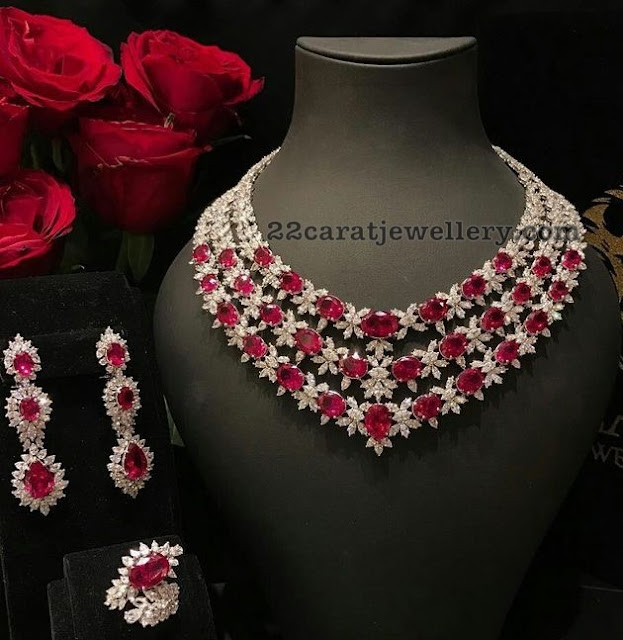 Three Rows Ruby Diamond Set - Jewellery Designs