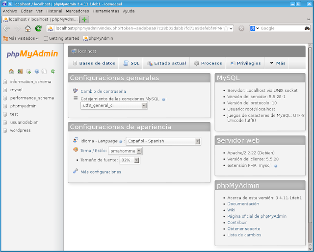 UsuarioDebian: phpmyadmin, gestor de MySQL