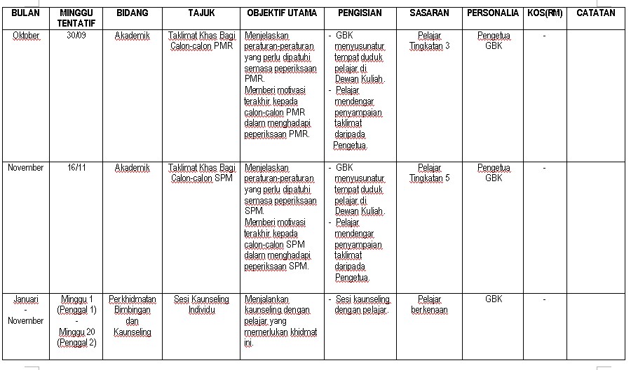UNIT BIMBINGAN DAN KAUNSELING: Takwim UBK