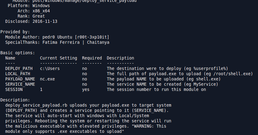 deploy_service_payload - Post MSF module For Deploy A Persistence ...
