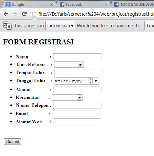 Form Registrasi menggunakan bahasa html | LEMBARAN KULIAHKU