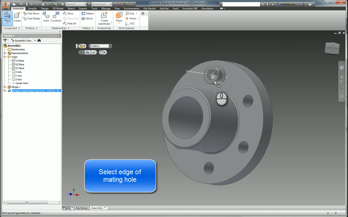 Completing the constraint with a second click on the mating hole