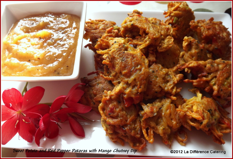 La Différence: Sweet potato & red pepper pakoras with mango chutney dip