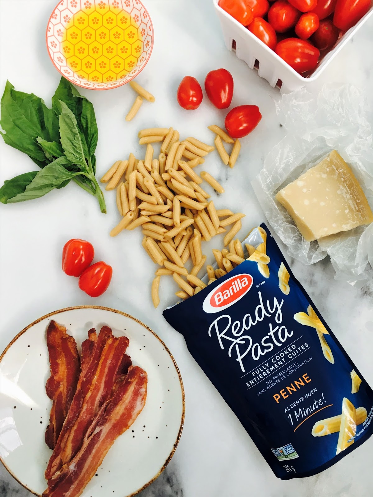 sweetsugarbean: Get Ready: Penne with Tomatoes, Basil and Bacon
