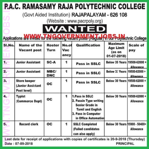 PAC Ramasamy Raja Polytechnic Junior Assistant, Storekeeper, Typist and ...