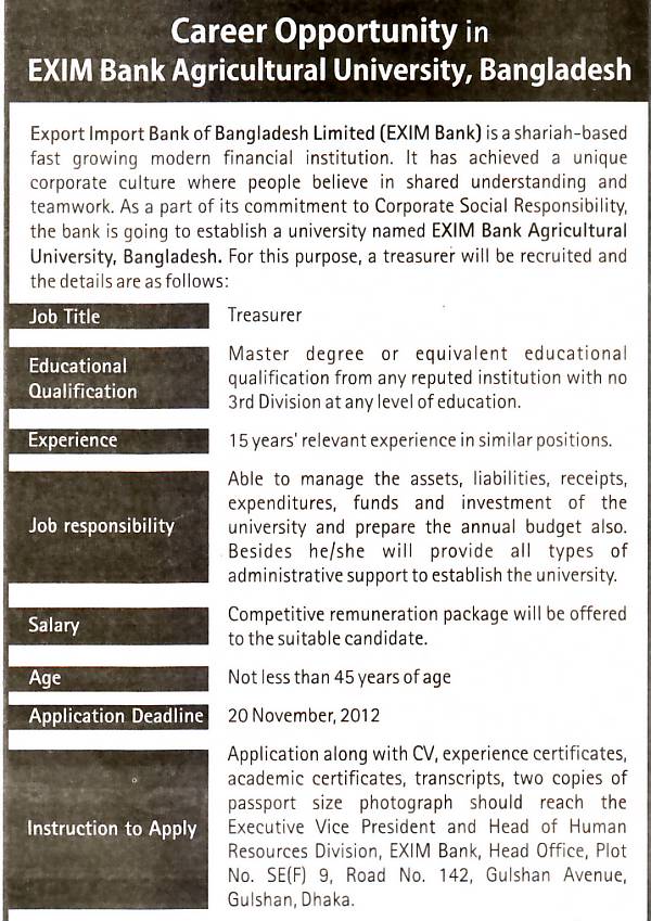 Jobs Barta: Exim Bank Agricultural University, Bangladesh. Post: Treasurer