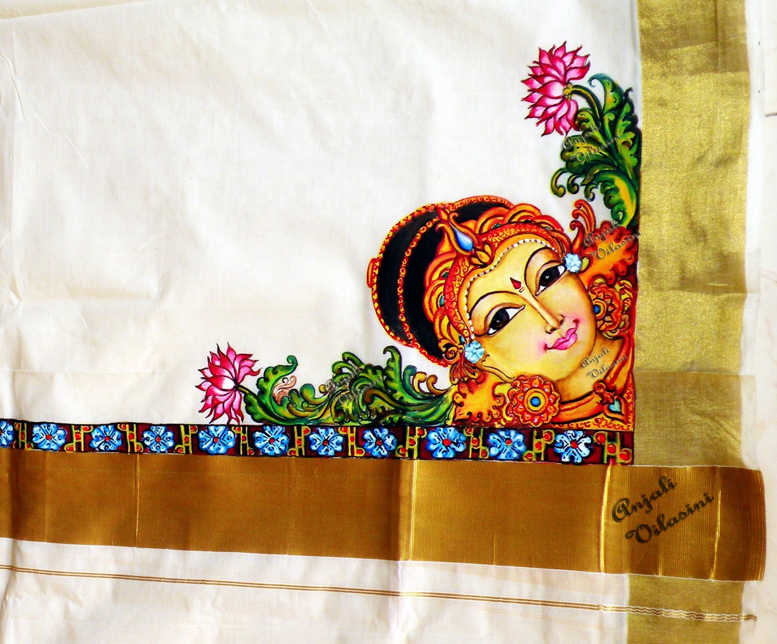 Anjali Vilasini: Mohini hand painting on kerala set mundu