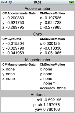 モーションイベントサンプル3 - CoreMotionを使った各種センサーの利用 ~ bugttle 開発の記録