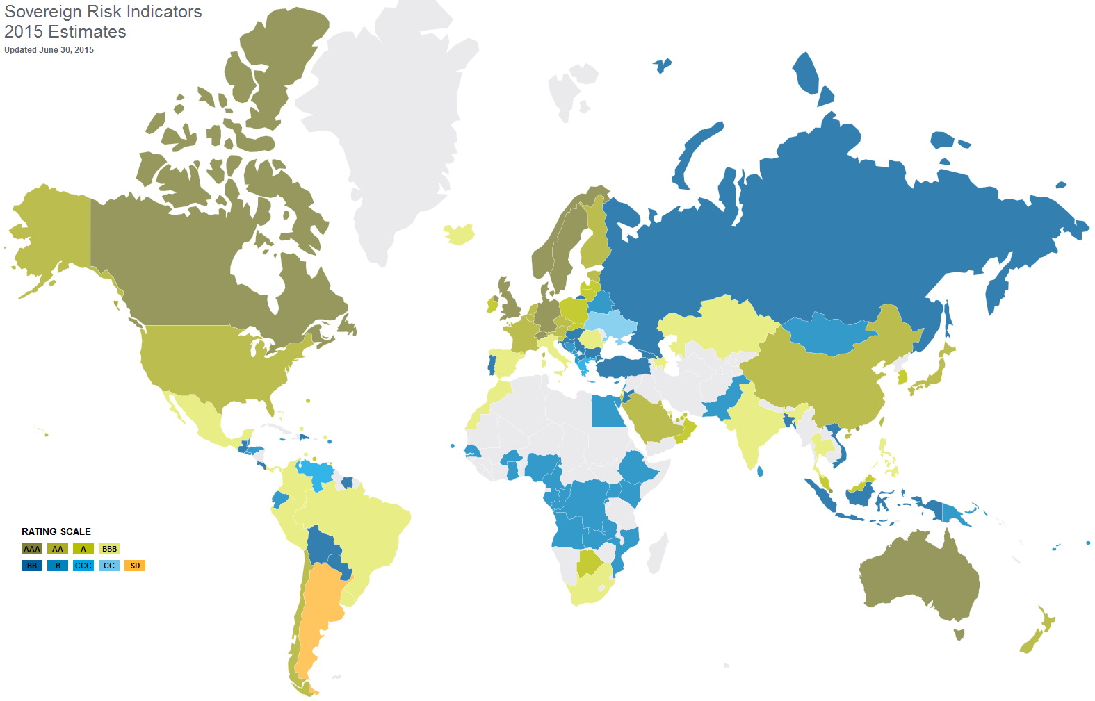 Worldwide credit ratings showing the long-term economic state of a ...