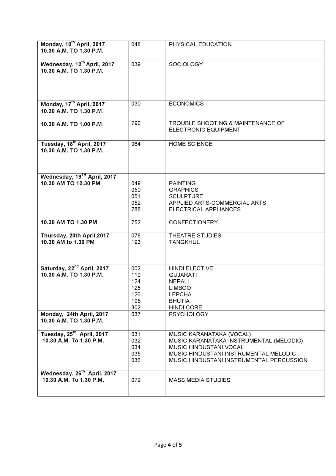 CBSE 12th Datesheet of 2017