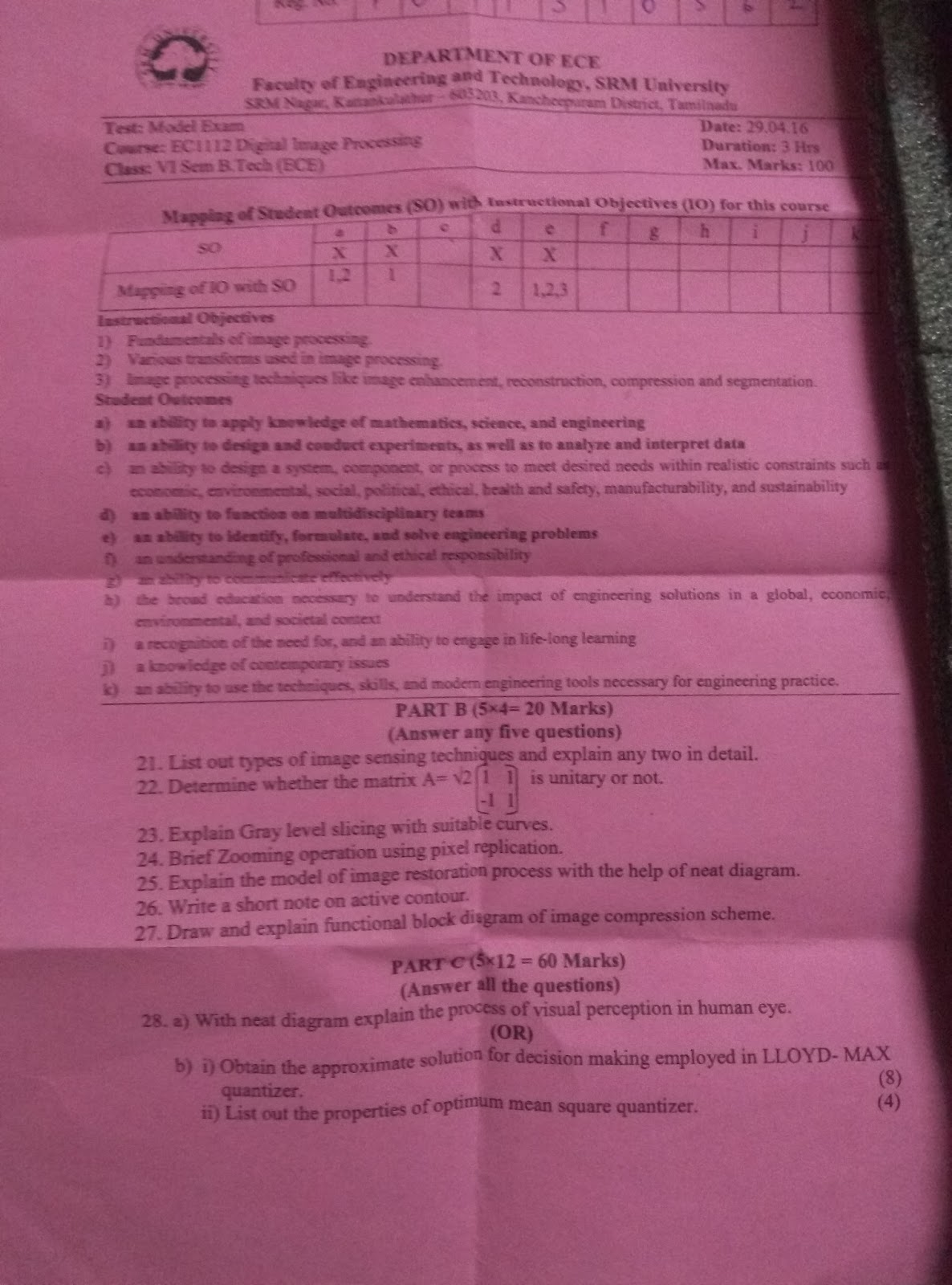 Srm Backbenchers: DIGITAL IMAGE PROCESSING MODEL EXAM QUESTION PAPER