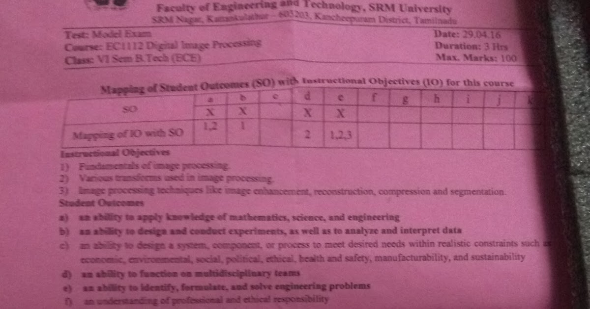 Srm Backbenchers: DIGITAL IMAGE PROCESSING MODEL EXAM QUESTION PAPER