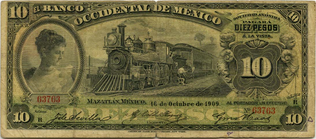 Mexican banknotes 10 Pesos note 1909 El Banco Occidental de Mexico ...