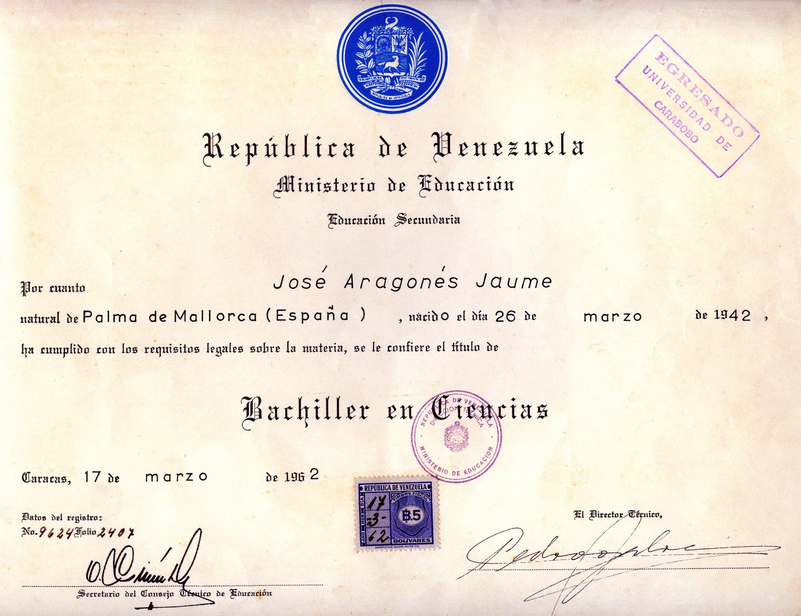 Liceo Paez - Promocion 1961: Titulo de Bachiller