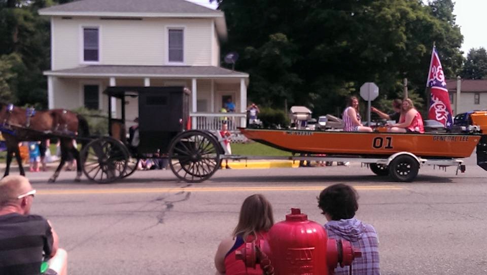 All That Spam: Amish Buggy Pulling a General Lee Decorated Fishing Boat