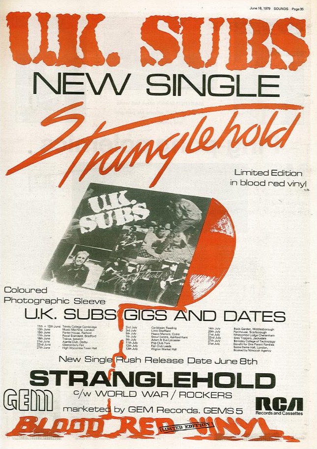 we cause havoc wherever we go..!!: uk subs - stranglehold 7 inch england 1978