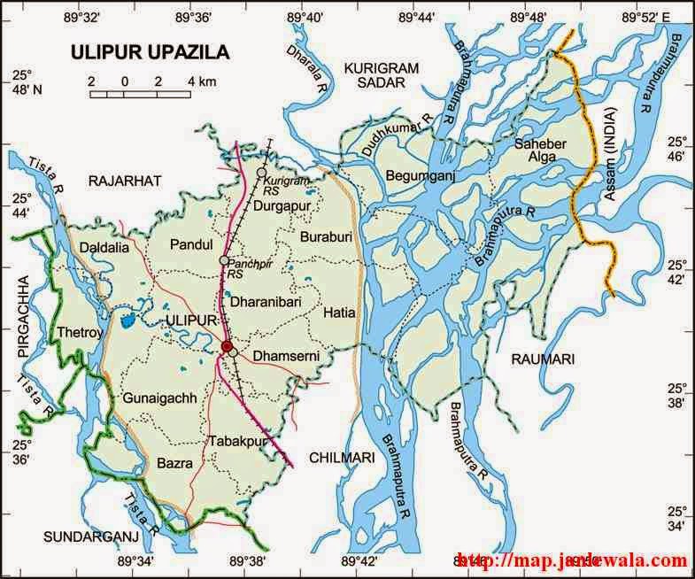Ulipur Upazila Map, Kurigram District, Bangladesh
