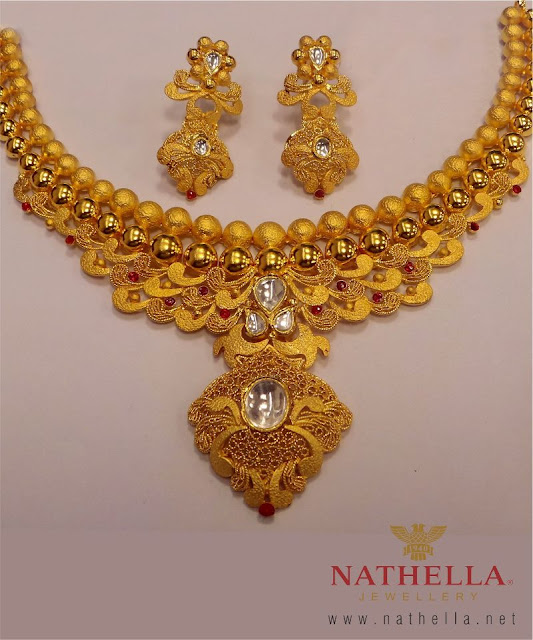 Nathella's Gold Set with Kundan Work - Jewellery Designs