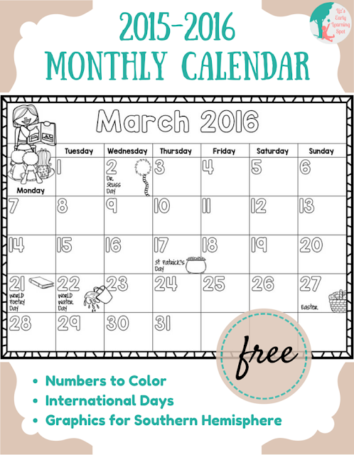 Classroom Freebies Too: 2015-2016 Monthly Calendar for Kids