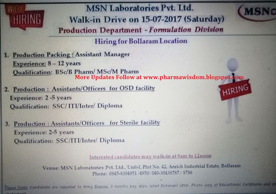 MSN Laboratories Pvt. Ltd - Walk-In Drive on 15th July, 2017 @ Bollaram ... MSN Laboratories Pvt. Ltd - Walk-In Drive on 15th July, 2017 @ Bollaram ...