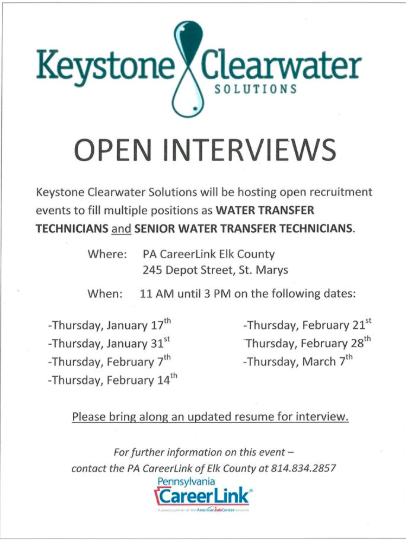 Cameron County PA News: Open Interviews for Keystone Clearwater Solutions