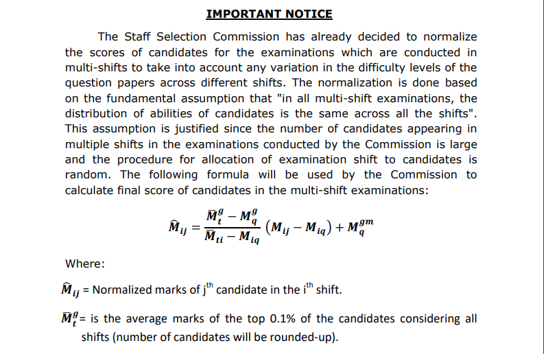 SSC Notice regarding Normalization formula to be used for SSC Exams ...