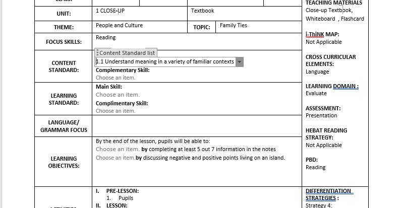 It's My Life: Form 1 and Form 3 CEFR Lesson Plan 2019 with drop down menu