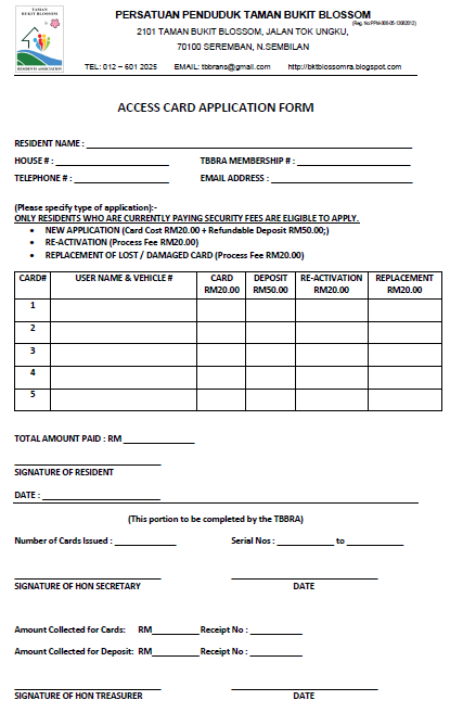 Taman Bukit Blossom Residents Association: Access Card System ...