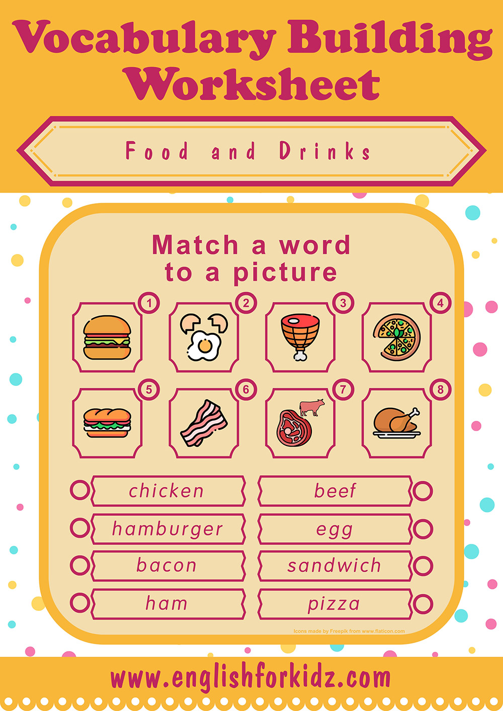 Matching Worksheets Vocabulary Food Items