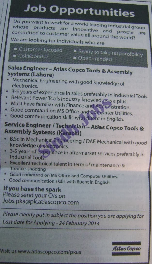 Sindh Jobs: Service Engineer / Technician -Atlas Copco Tools & Assembly ...