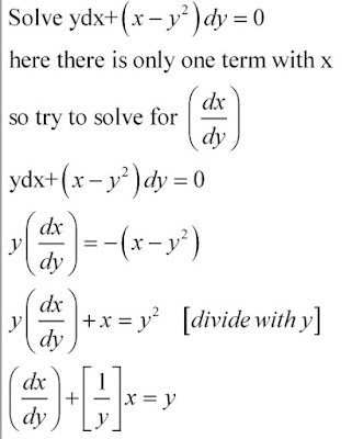 mixture: linear differential equation y dx + [x-(y^2)]dy = 0