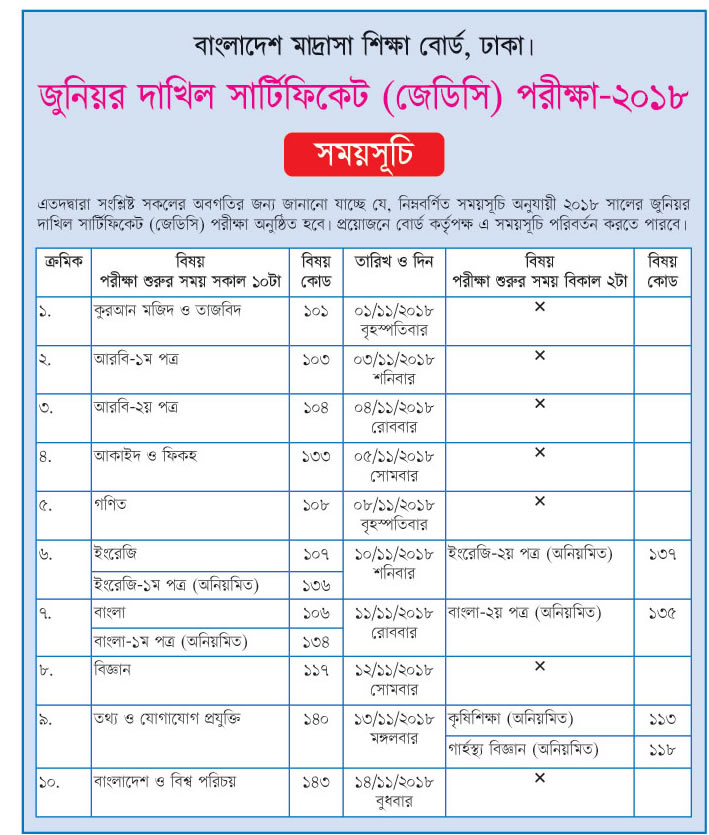 JSC and JDC Examination Routine 2018 | Education and Job Magazine