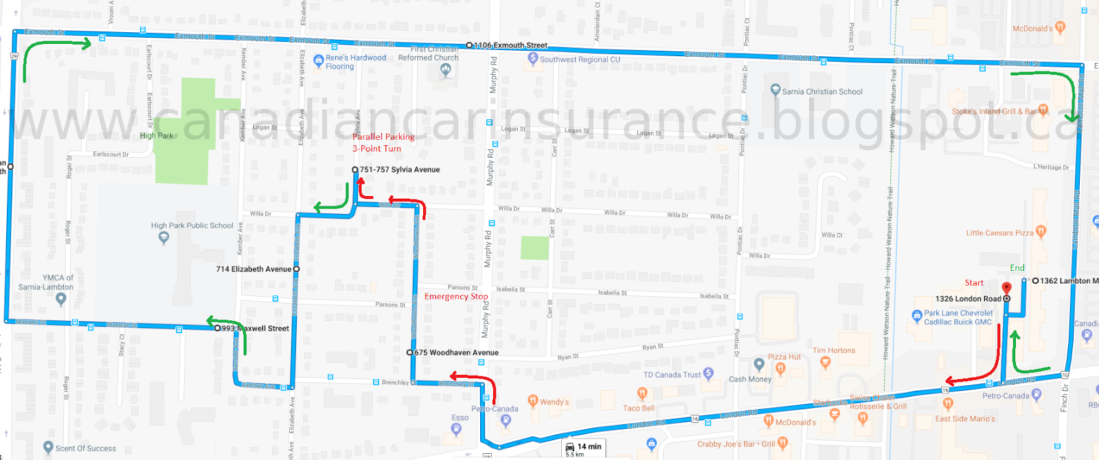 Sarnia G2 Road Test Route Maps