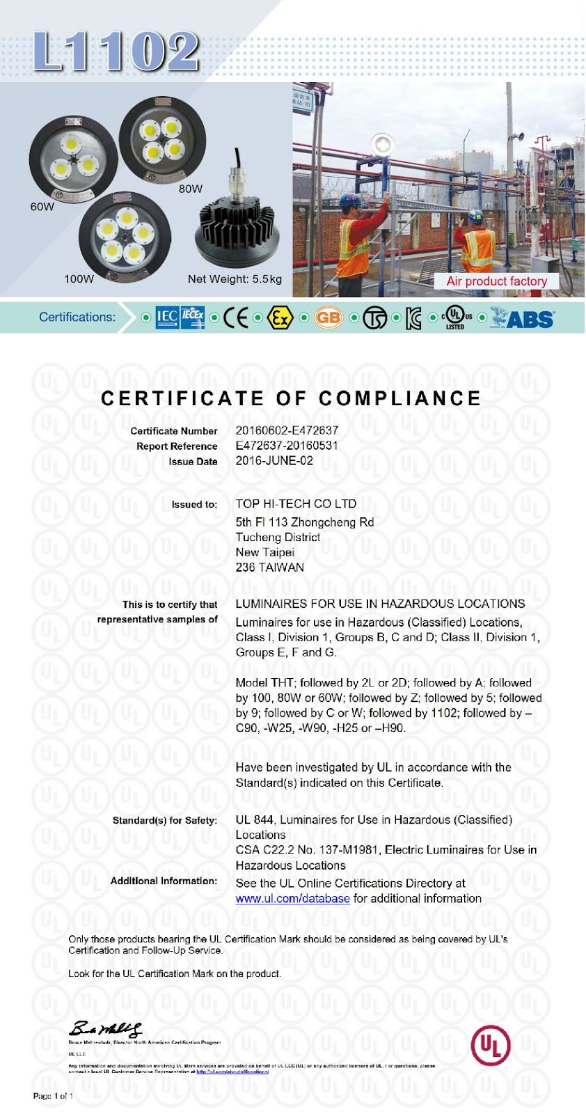 UL Class I, Division 1 & Class II, Division 1 certification