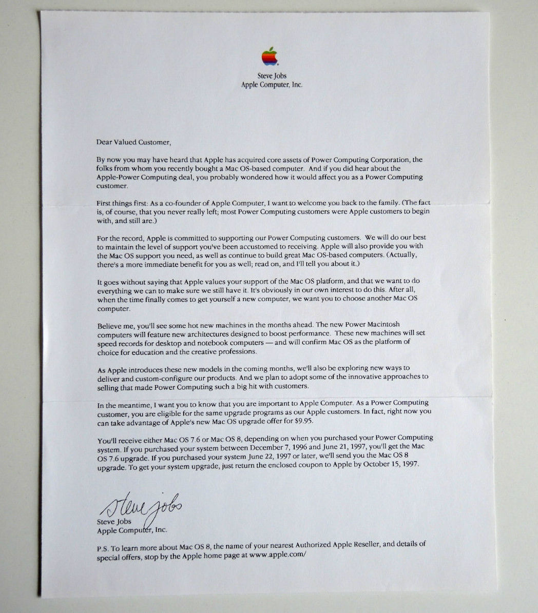 kootenaymac: Steve Jobs bulk mailing letter to Power Computing ...