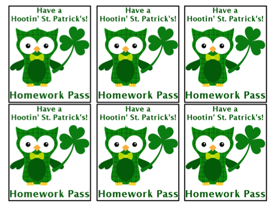 3-6 Free Resources: St. Patrick's Day Homework Pass