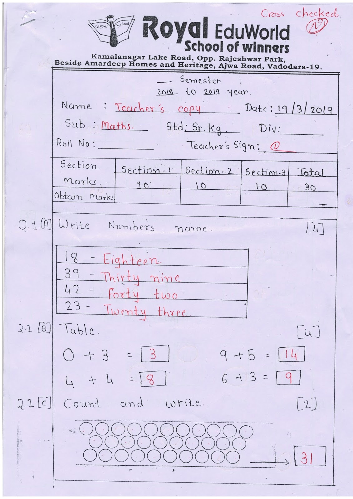 Sr K.G Unit Test Paper MATHS