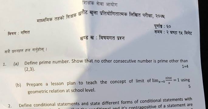 TSC Secondary Level Mathematics Question Paper-2075 - Math Village