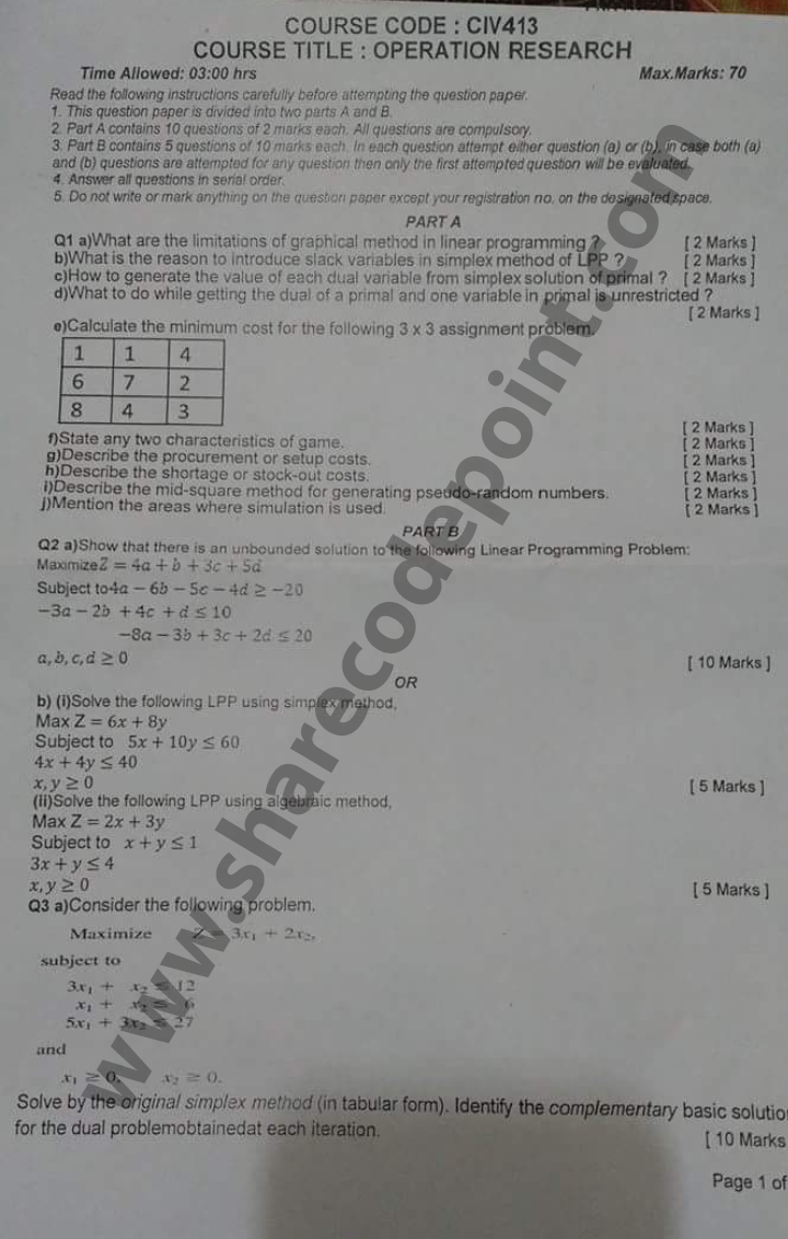CIV413 : Operation Research End Term Exam Question Paper - CIV 413 ...