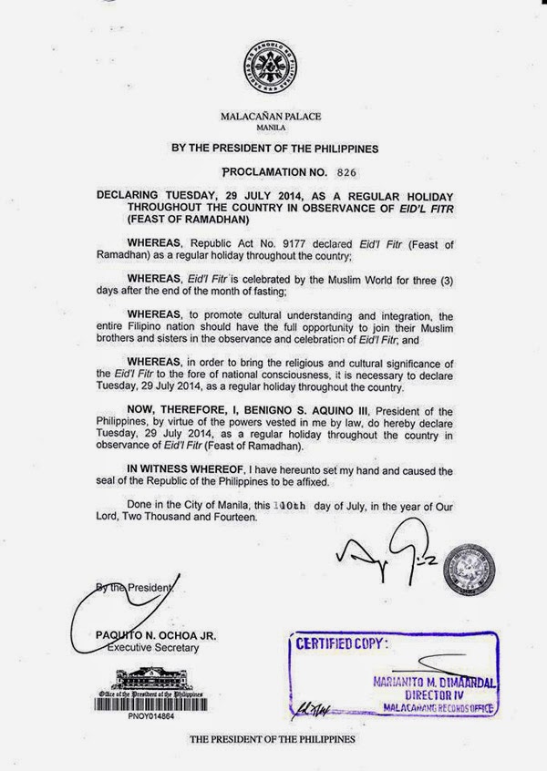 Please be Informed Proclamation No. 826, s. 2014