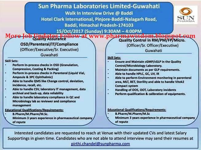 SUN PHARMA - Walk-In Drive for Quality Control & Quality Assurance on ...