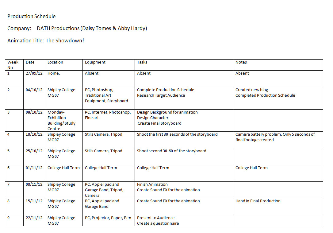 2D Animation Production : Production Schedule